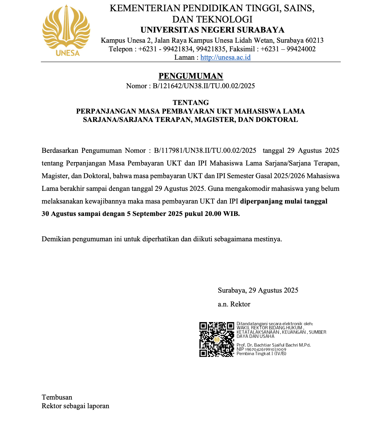 Perpanjangan Masa Pembayaran UKT Mahasiswa Lama Semester Gasal 2025/2026