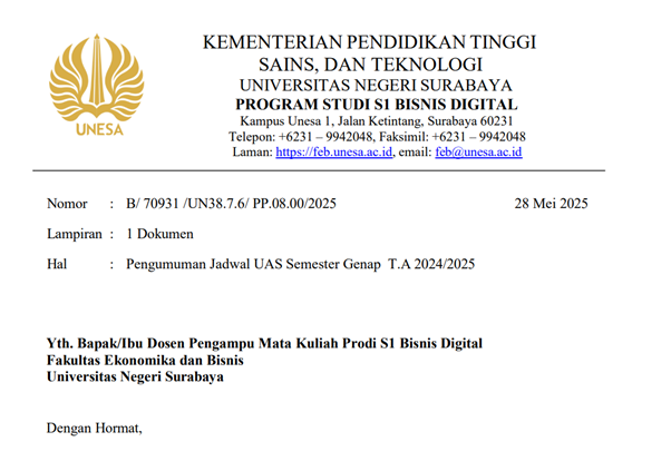 Jadwal UAS Prodi S1 Bisnis Digital Unesa Semester Genap T.A 2024/2025