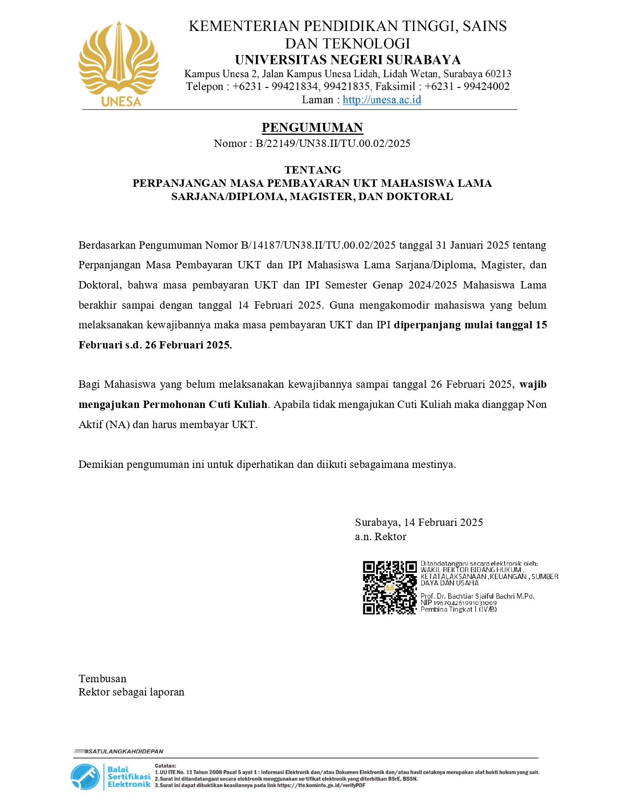 Pengumuman Perpanjangan Pembayaran UKT Mahasiswa Lama Sarjana/Diploma ...