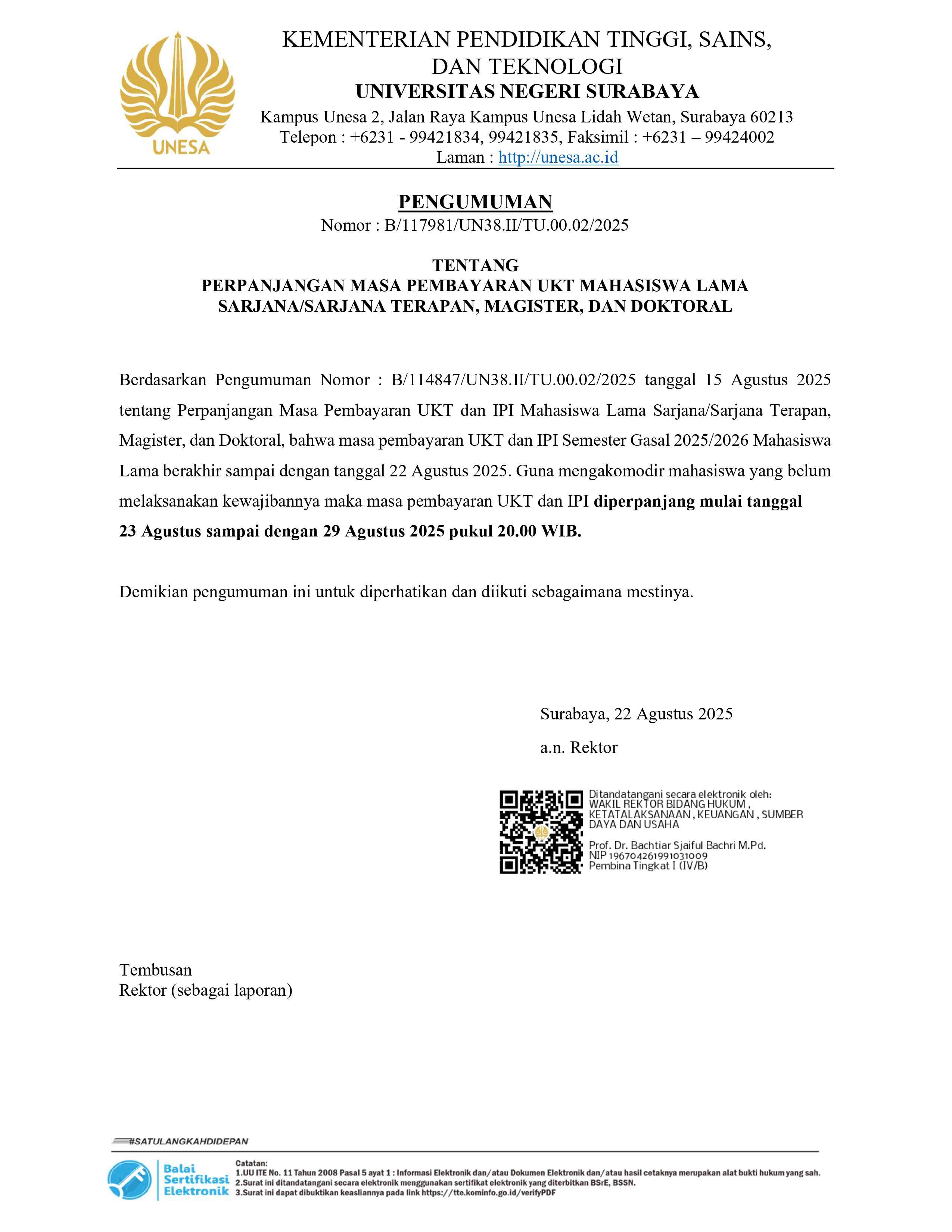 Perpanjangan Masa Pembayaran UKT Mahasiswa Lama UNESA Semester Gasal 2025/2026