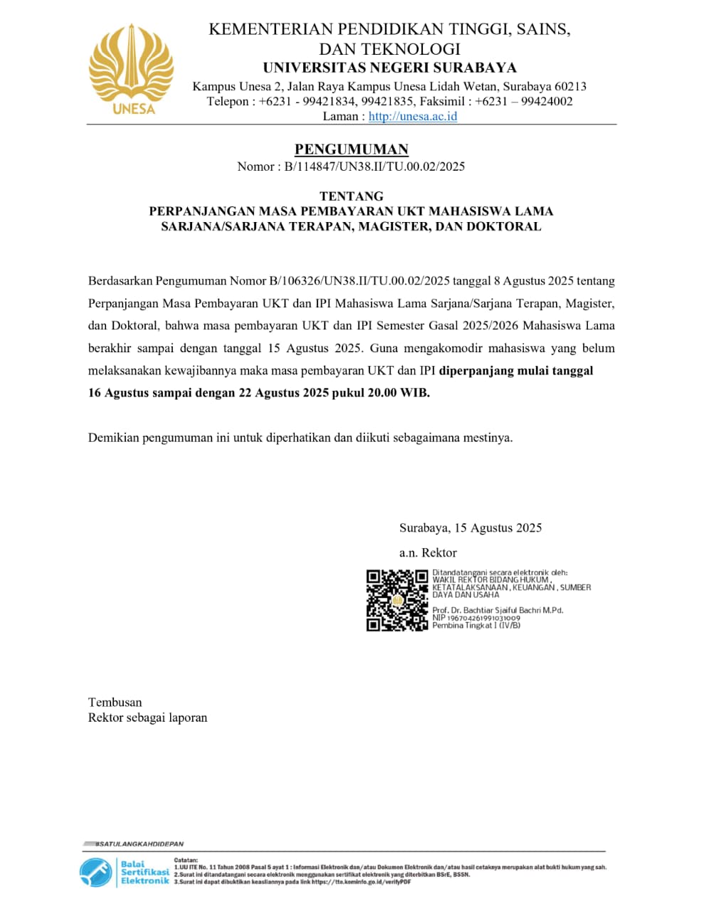 UNESA Perpanjang Batas Pembayaran UKT dan IPI Mahasiswa Lama hingga 22 Agustus 2025