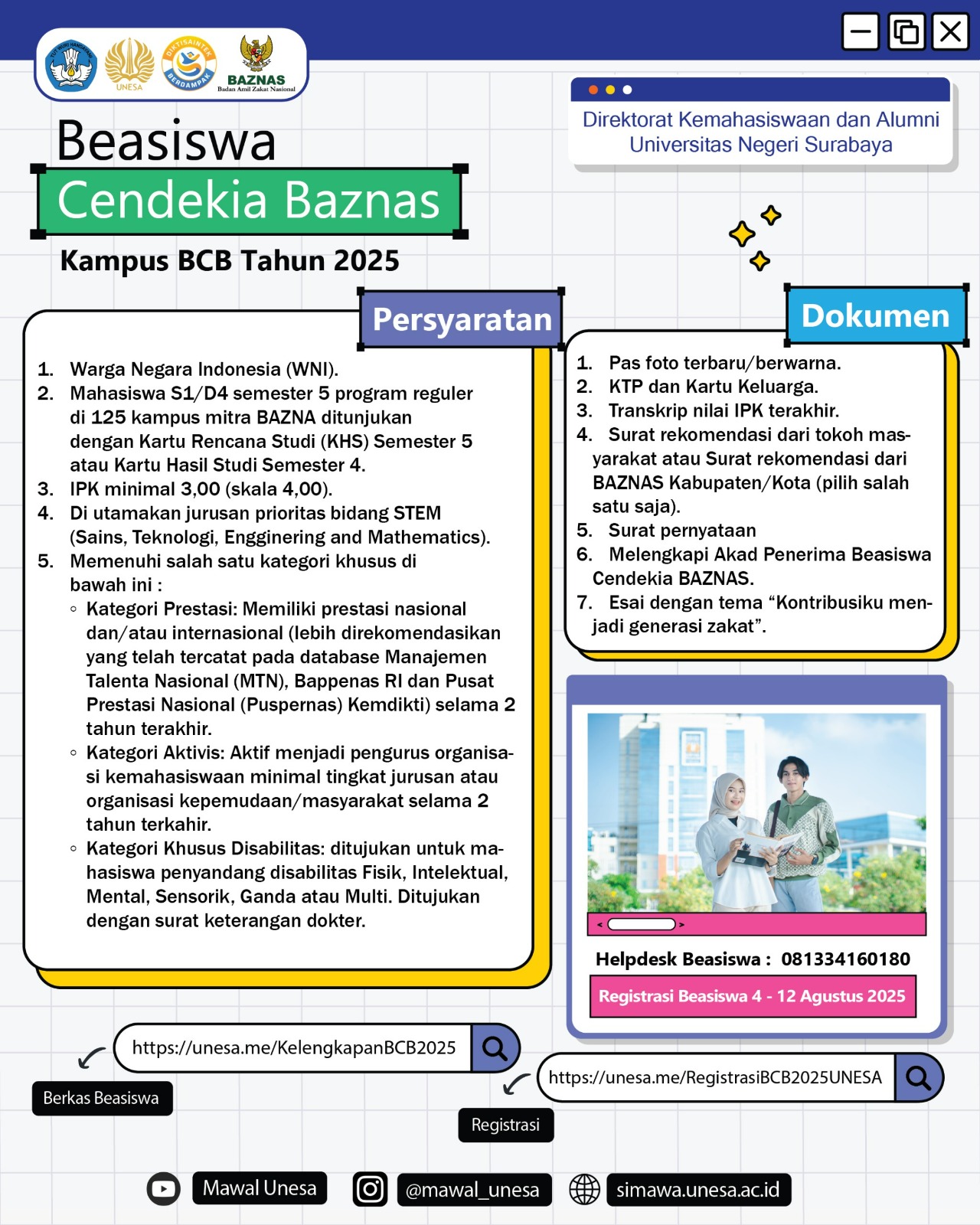 Peluang Emas bagi Mahasiswa UNESA! Beasiswa Cendekia BAZNAS 2025 Resmi Dibuka
