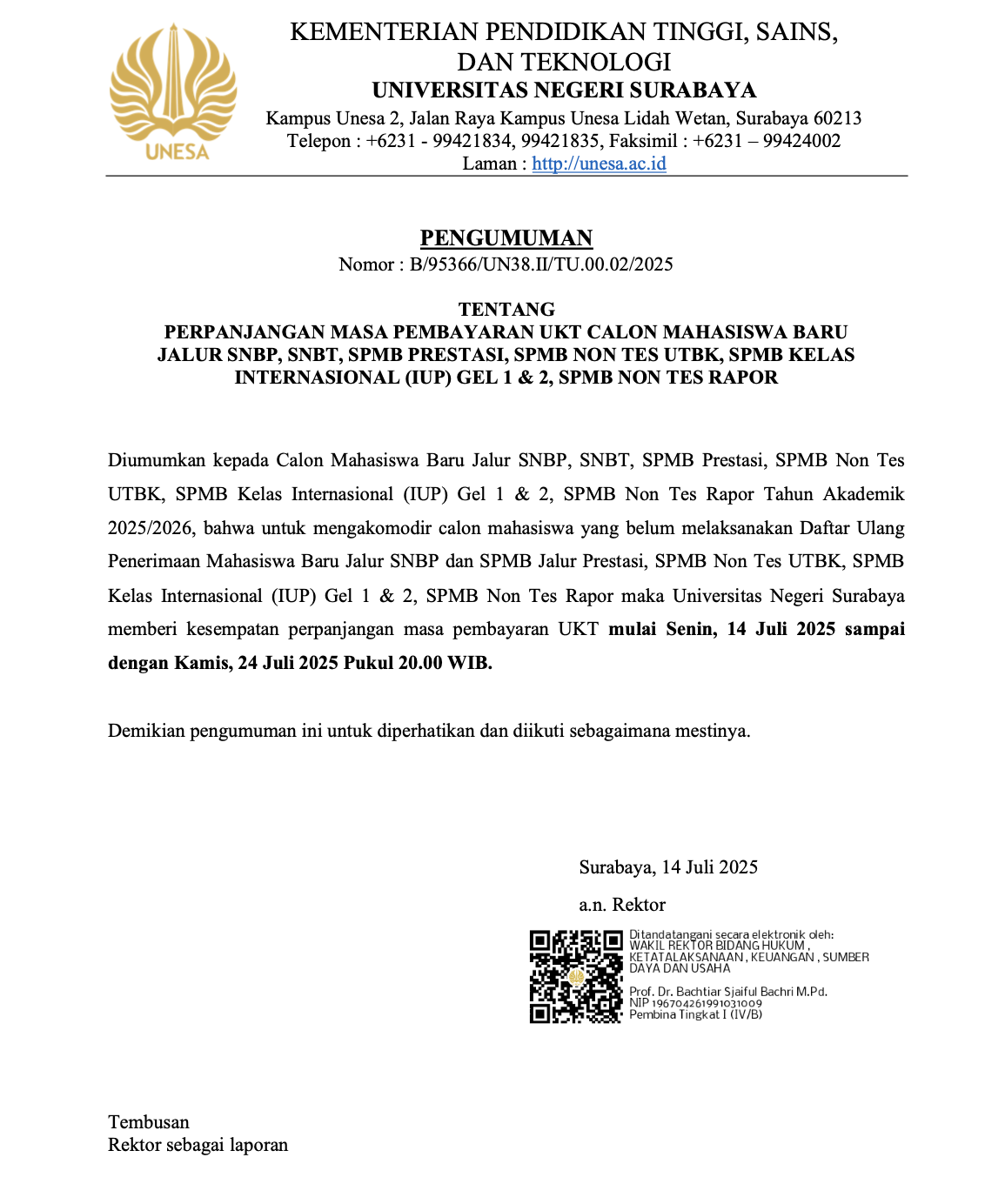 UNESA Umumkan Perpanjangan Masa Pembayaran UKT bagi Calon Mahasiswa Baru Tahun Akademik 2025/2026