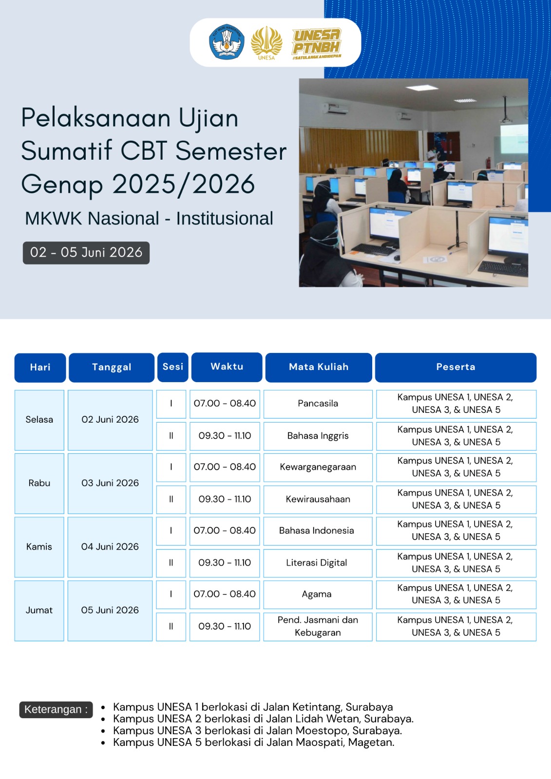 Jadwal Ujian Akhir Semester Genap 2025-2026 S1 Pendidikan Matematika Unesa