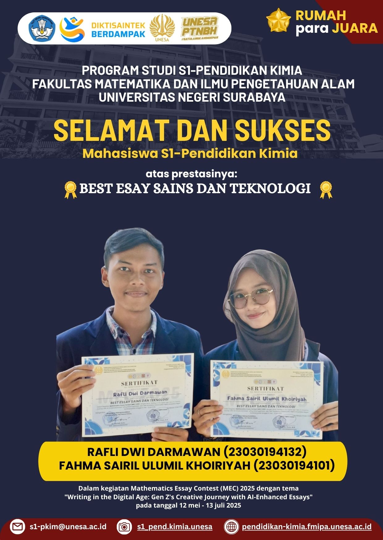 Mahasiswa Pendidikan Kimia UNESA Raih Penghargaan Best Essay Sains dan Teknologi di Ajang ...