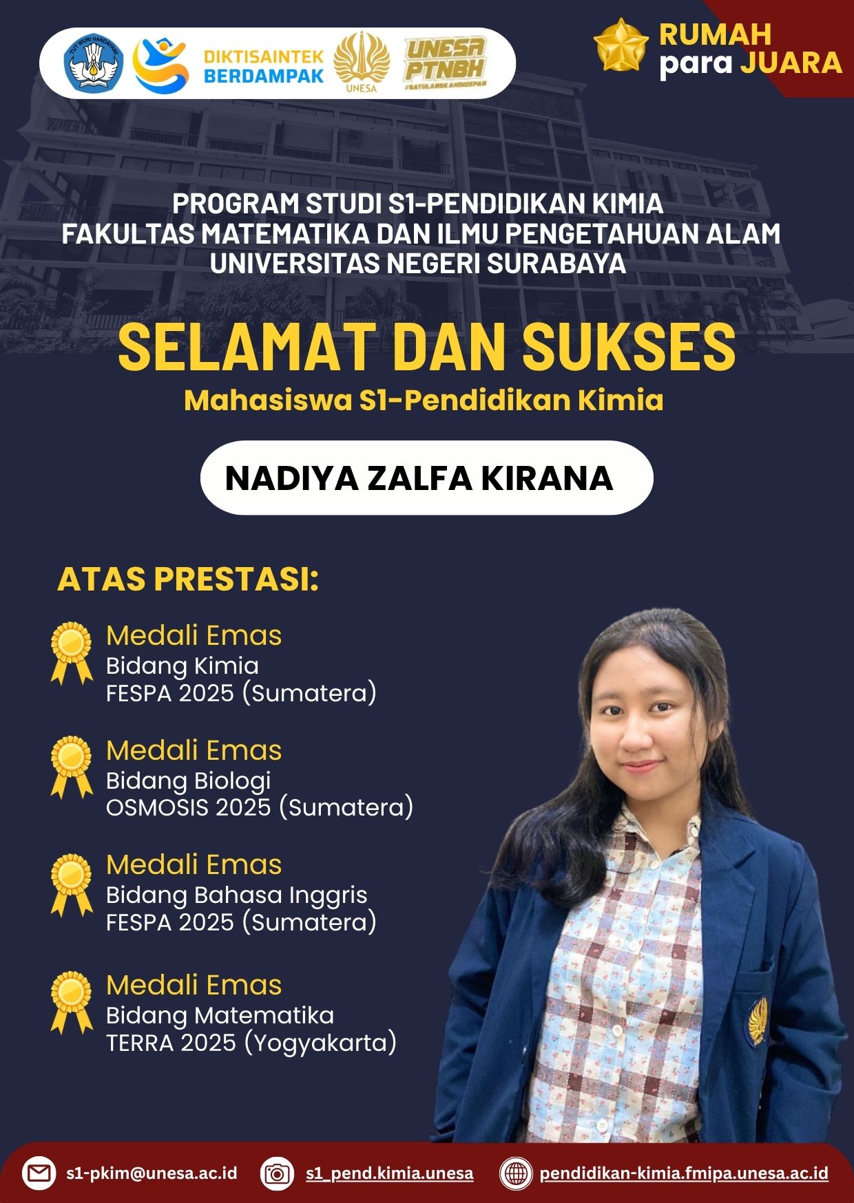 Mahasiswi S1 Pendidikan Kimia UNESA Raih Empat Medali Emas di Ajang Olimpiade Nasional