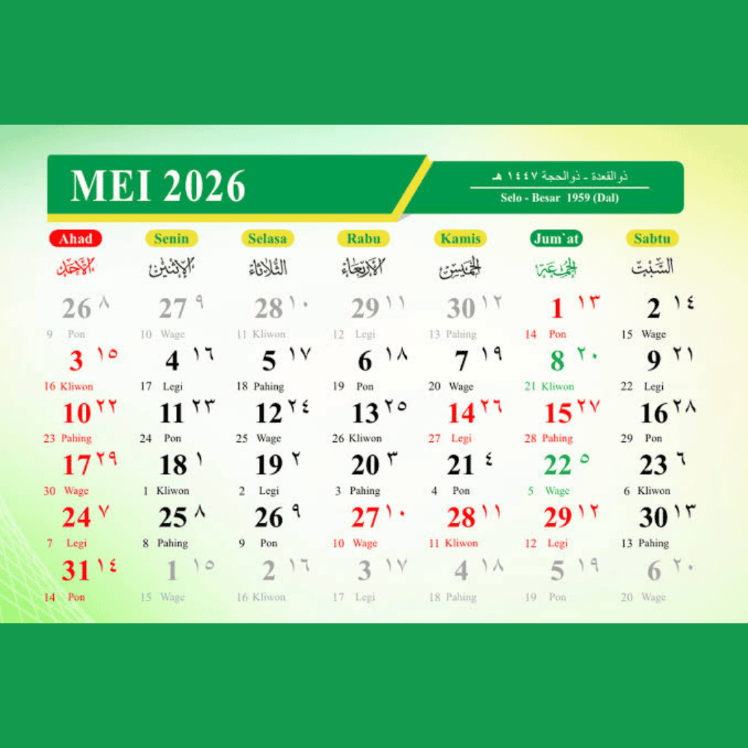 Kalender Mei 2026 Lengkap Masehi, Hijriah, dan Weton Jawa serta Libur ...