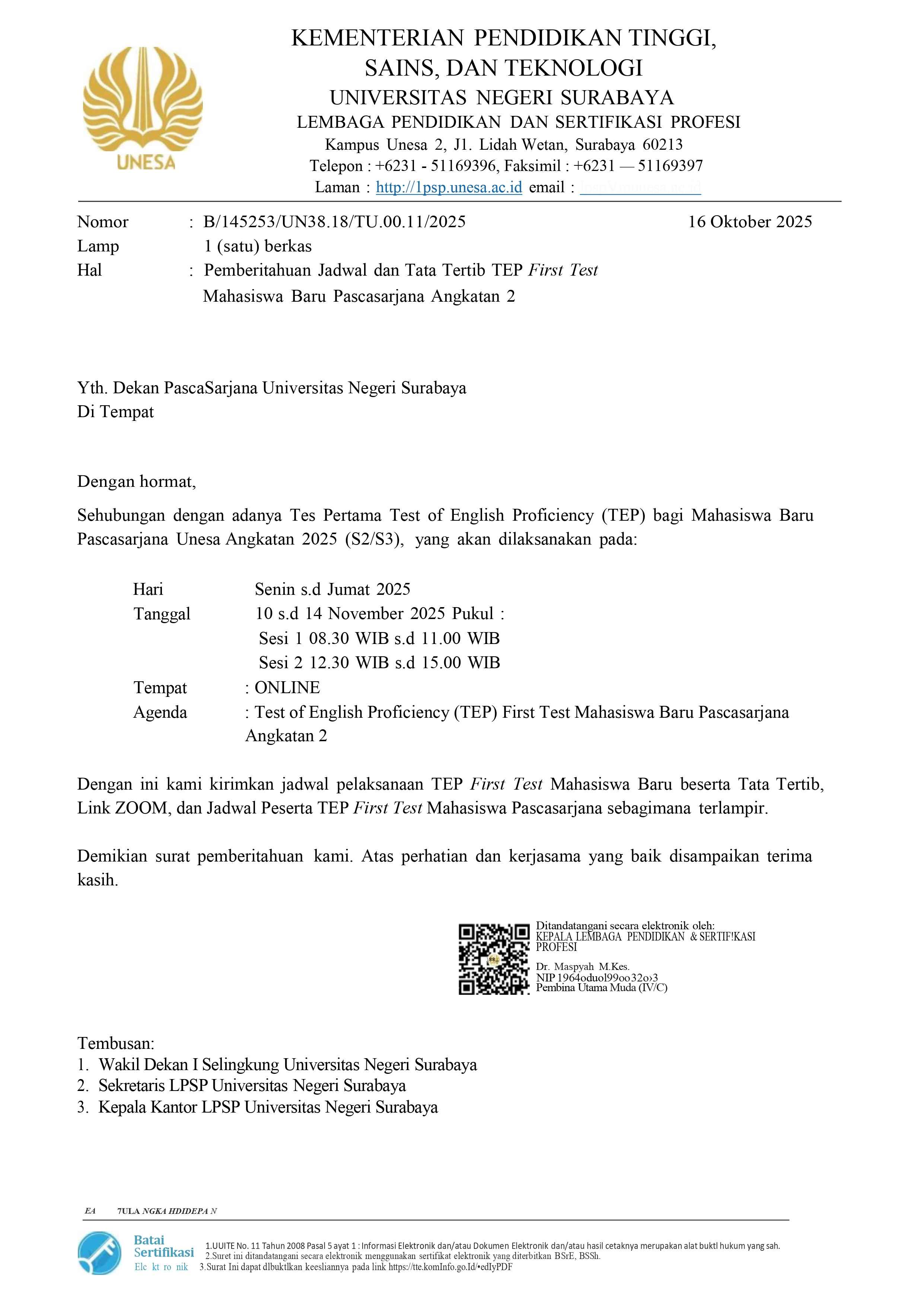 Pengumuman Jadwal dan Tata Tertib TEP First Test Mahasiswa Baru ...