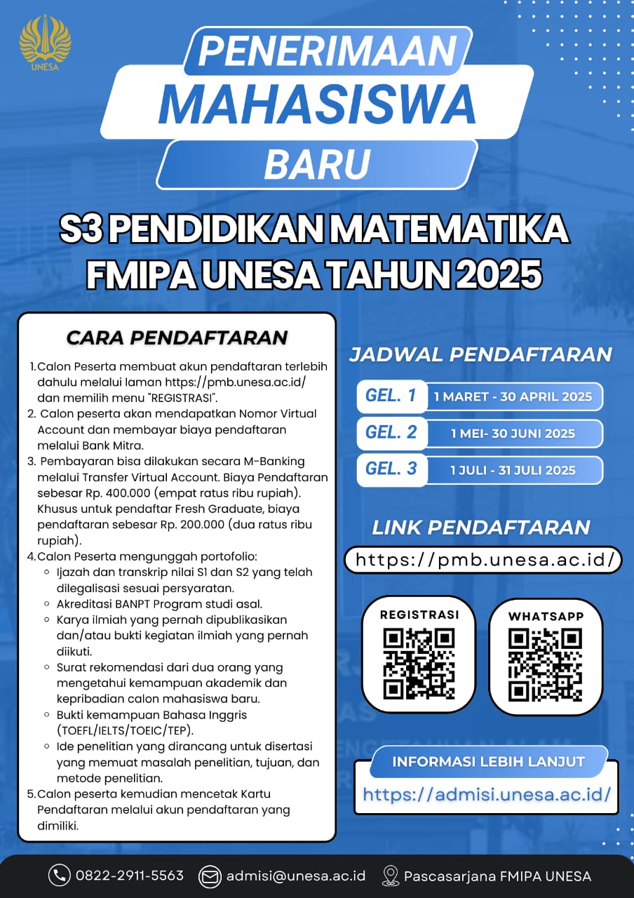 PENERIMAAN MAHASISWA BARU PROGRAM DOKTOR (S3) PENDIDIKAN MATEMATIKA FMIPA UNESA TAHUN 2025