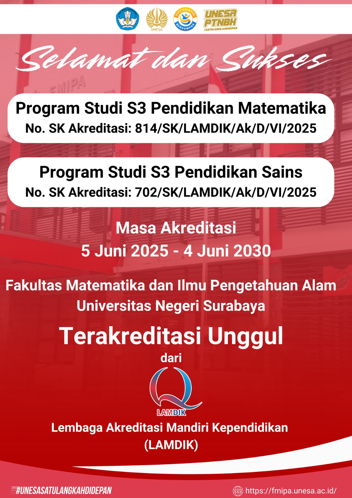 Program Studi S3 Pendidikan Sains FMIPA Unesa Raih Akreditasi Unggul dari LAMDIK